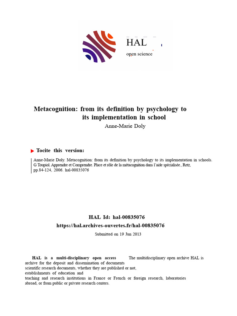 Metacognition at School Doly | PDF | Metacognition | Procedural Knowledge