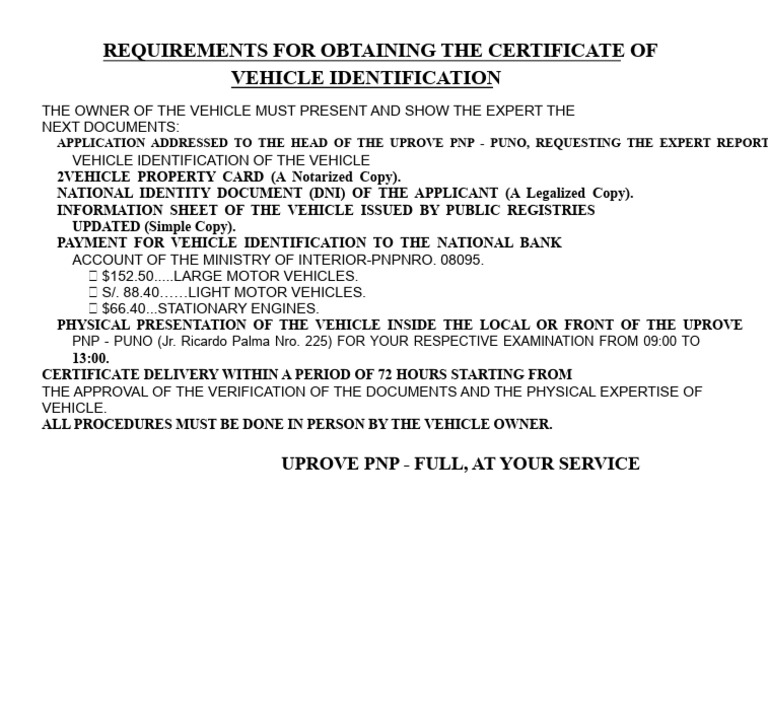 Vehicle Identification Certificate Requirements | PDF
