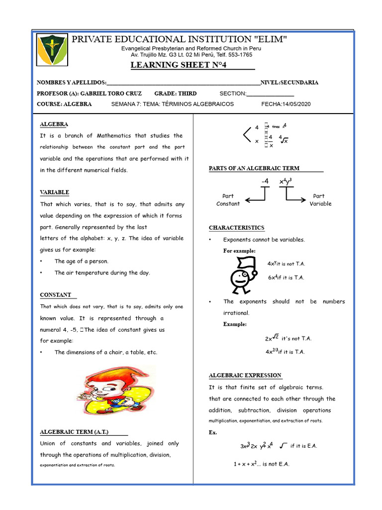 Classification of Algebraic Expressions For Third Year of Secondary ...