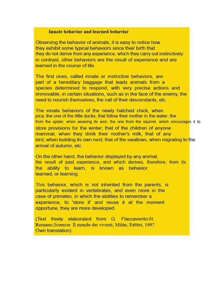 Innate Behavior and Learned Behavior | PDF | Instinct | Psychology
