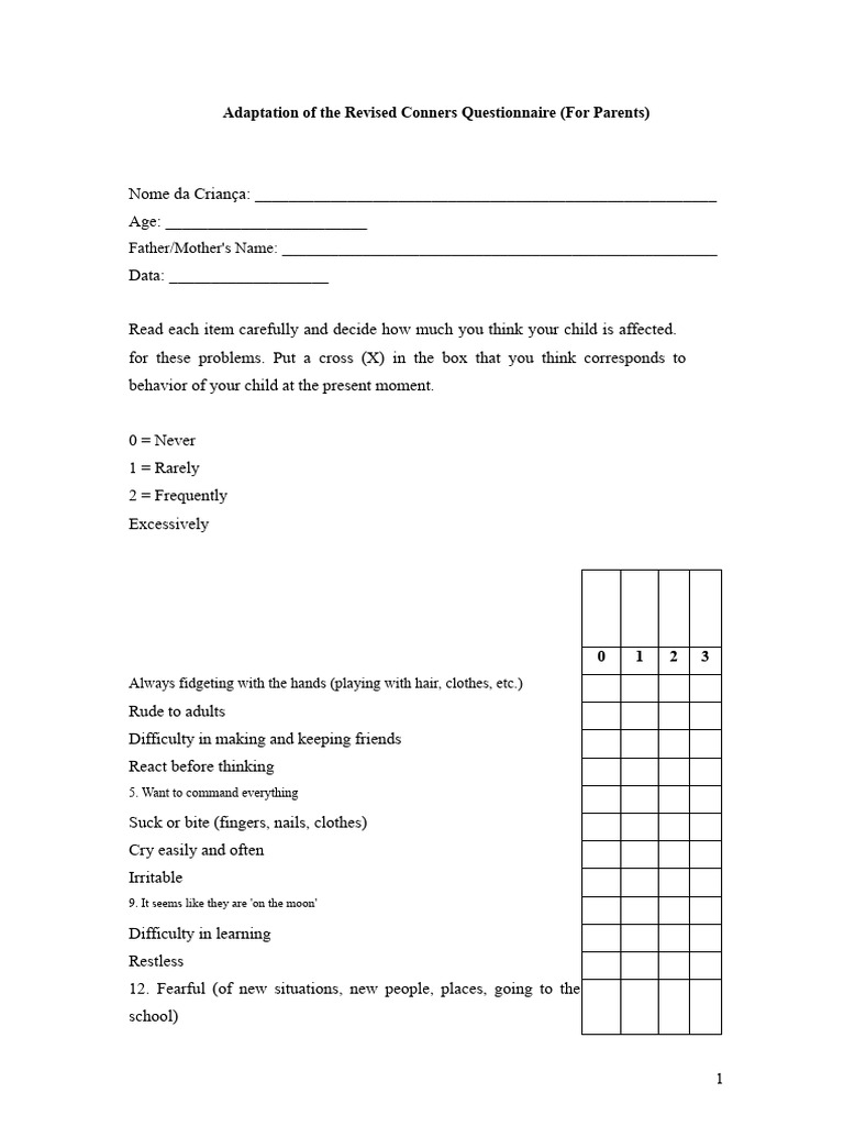 Revised Conners Questionnaire for Parents | PDF | Attention Deficit ...