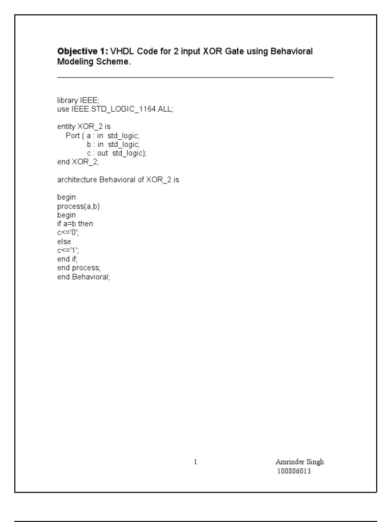 Modeling Scheme Objective 1 Vhdl Code For 2 Input Xor Gate Using