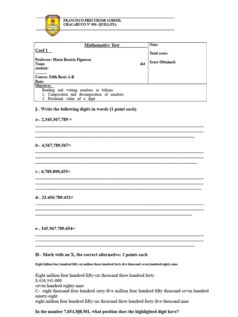 Mathematics Test Fifth Grade Reading and Writing Numbers | PDF ...