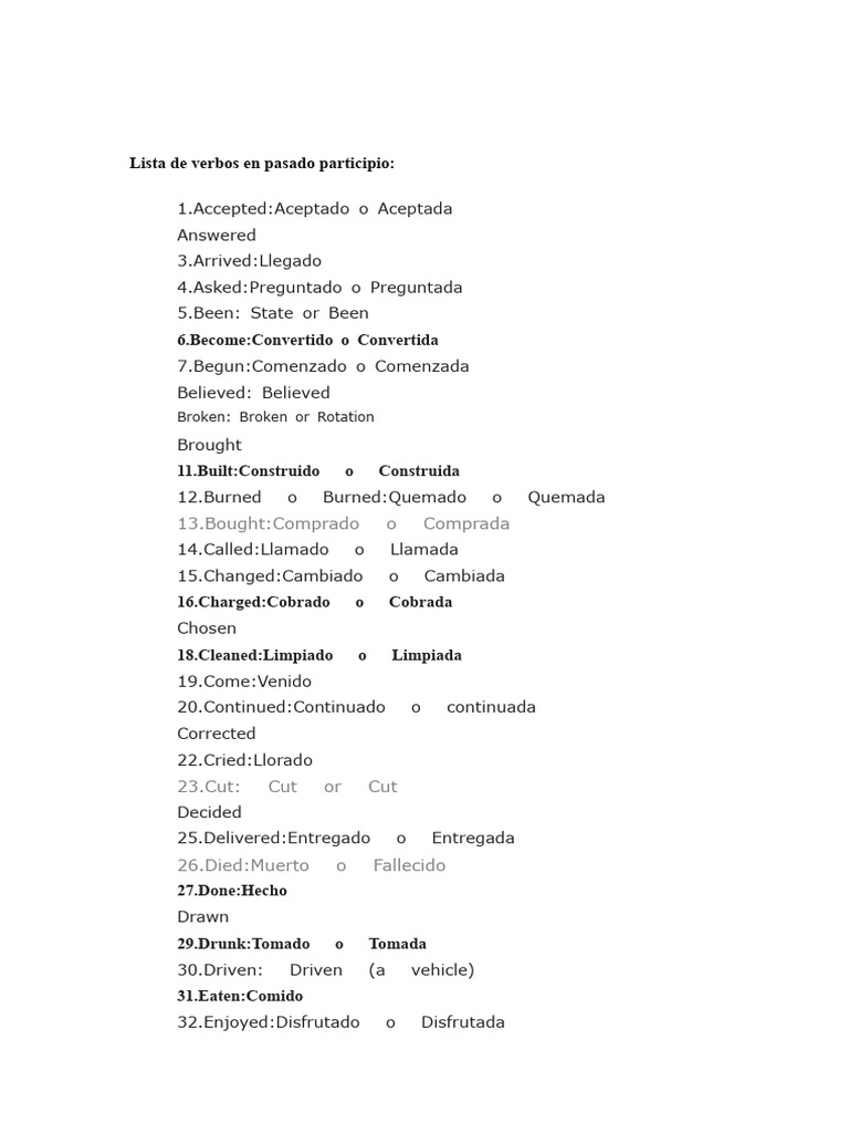 List of Verbs in Past Participle | PDF | Verb | Grammatical Tense