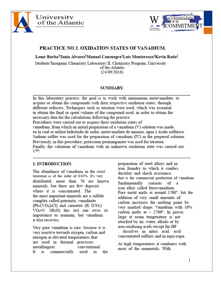REPORT 2. OXIDATION STATES OF VANADIUM CORRECTED. | PDF | Redox | Oxide