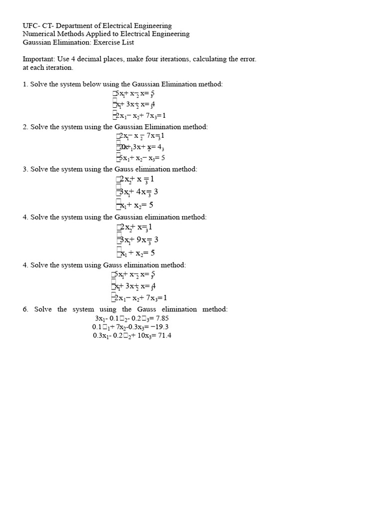 Gaussian Elimination Exercise List | PDF | Numerical Analysis | Mathematics
