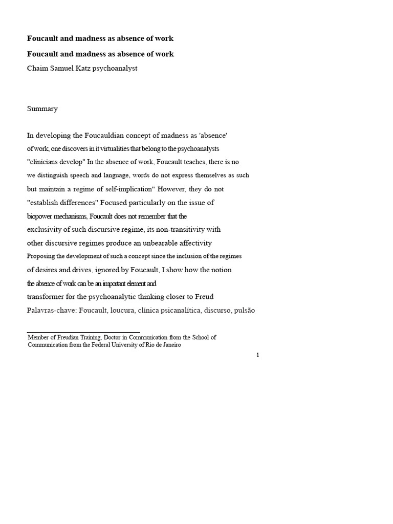 Chaim Samuel Katz-1 | PDF | Psychoanalysis | Michel Foucault