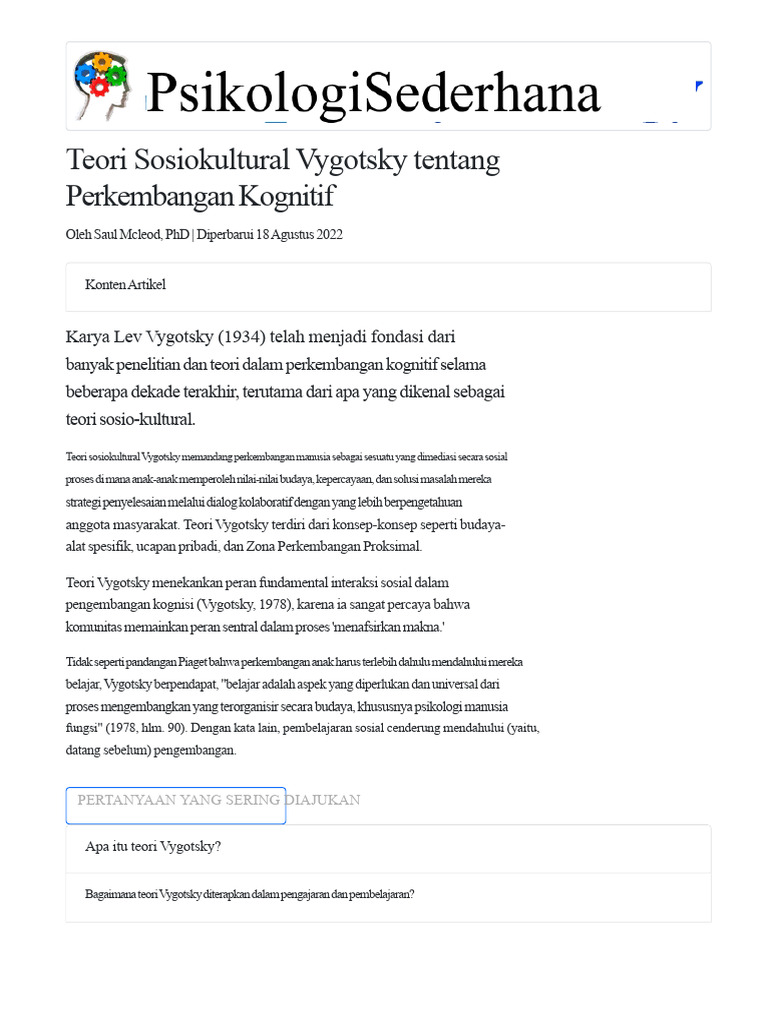 Teori Sosiokultural Vygotsky dalam Kognisi | PDF