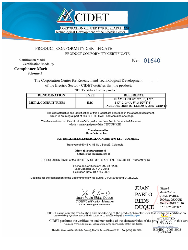 IMC Colmena Pipe Certificate | PDF | Pipe (Fluid Conveyance) | Materials