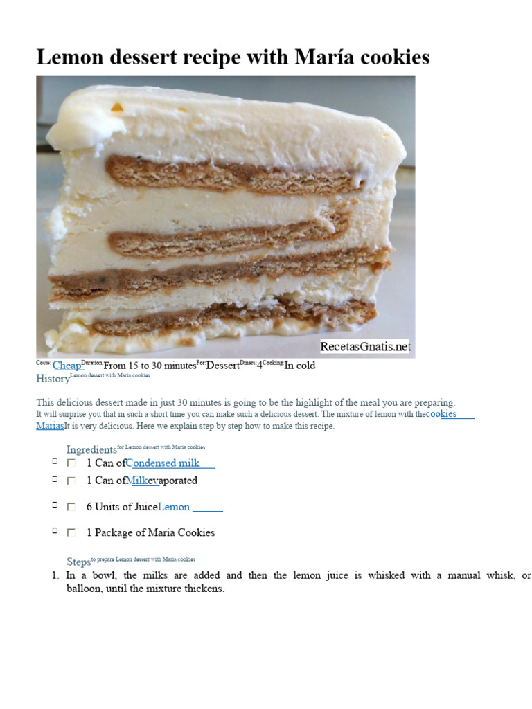 Lemon Dessert Recipe With María Cookies | PDF