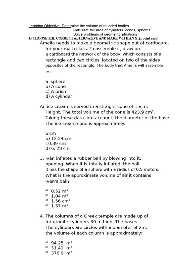 Exercises Area and Volume C. Geom | PDF | Area | Sphere