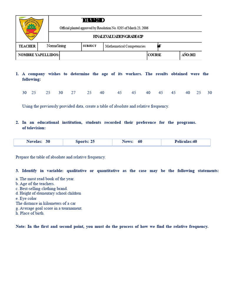 Sixth Grade Statistics Exam (Second Period) | PDF