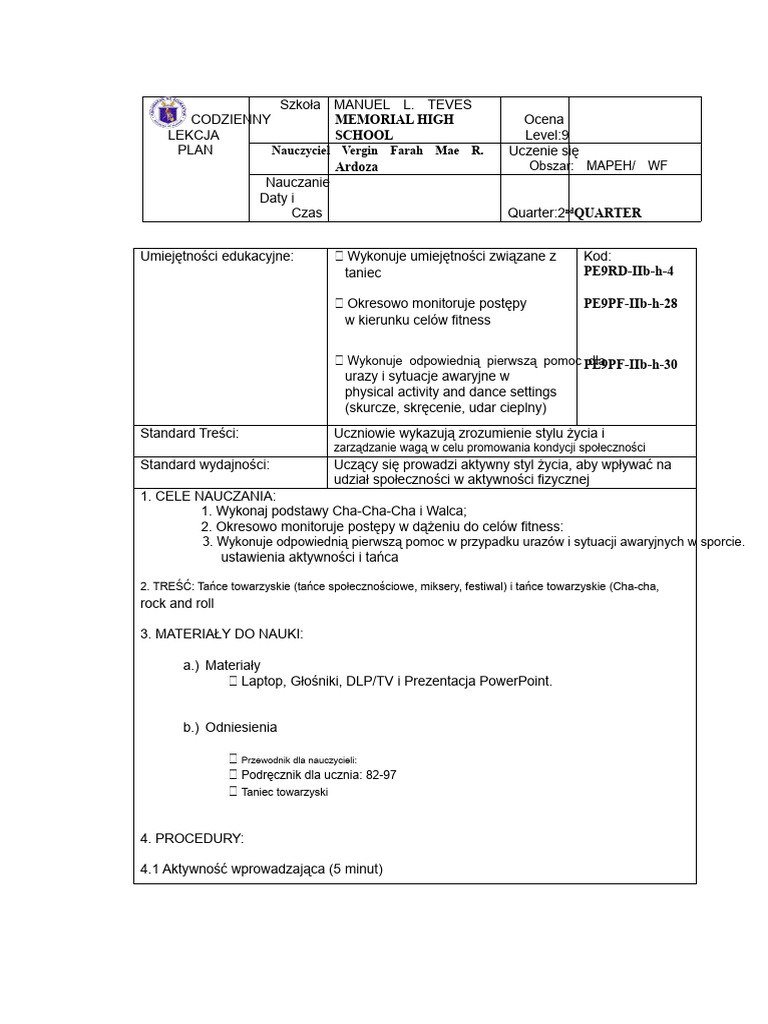 CODZIENNY PLAN LEKCJI Cha Cha Cha I Walc | PDF