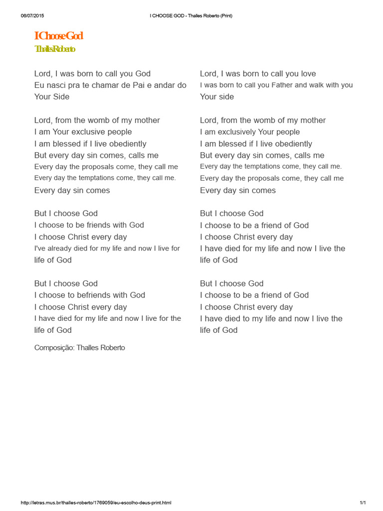 I Choose God Lyrics by Thalles Roberto | PDF | Christian Belief And ...