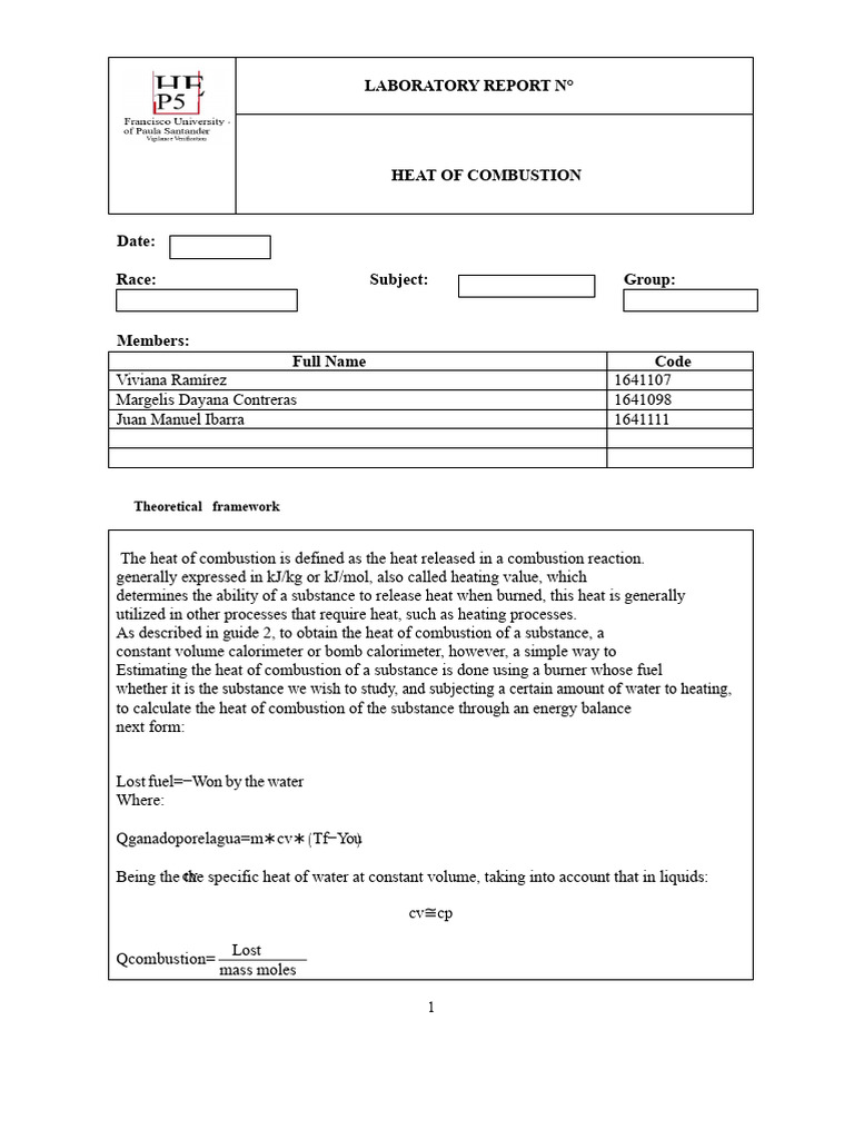 Heat of Combustion Laboratory Report | PDF | Heat | Physical Sciences