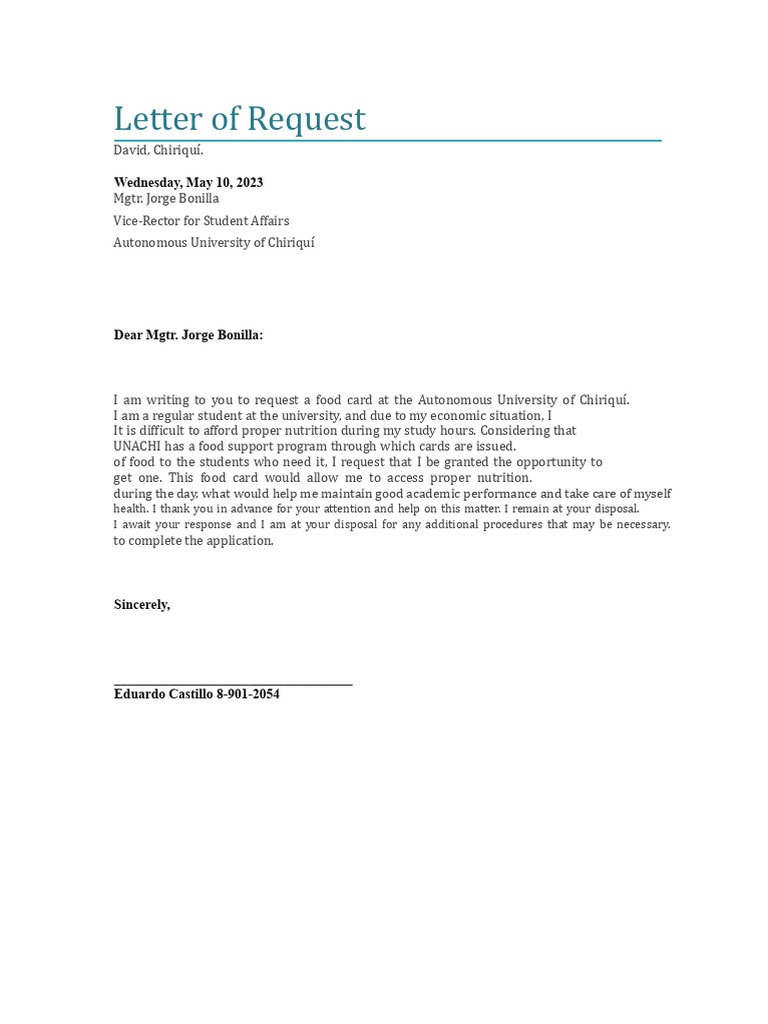 Food Request Letter | PDF
