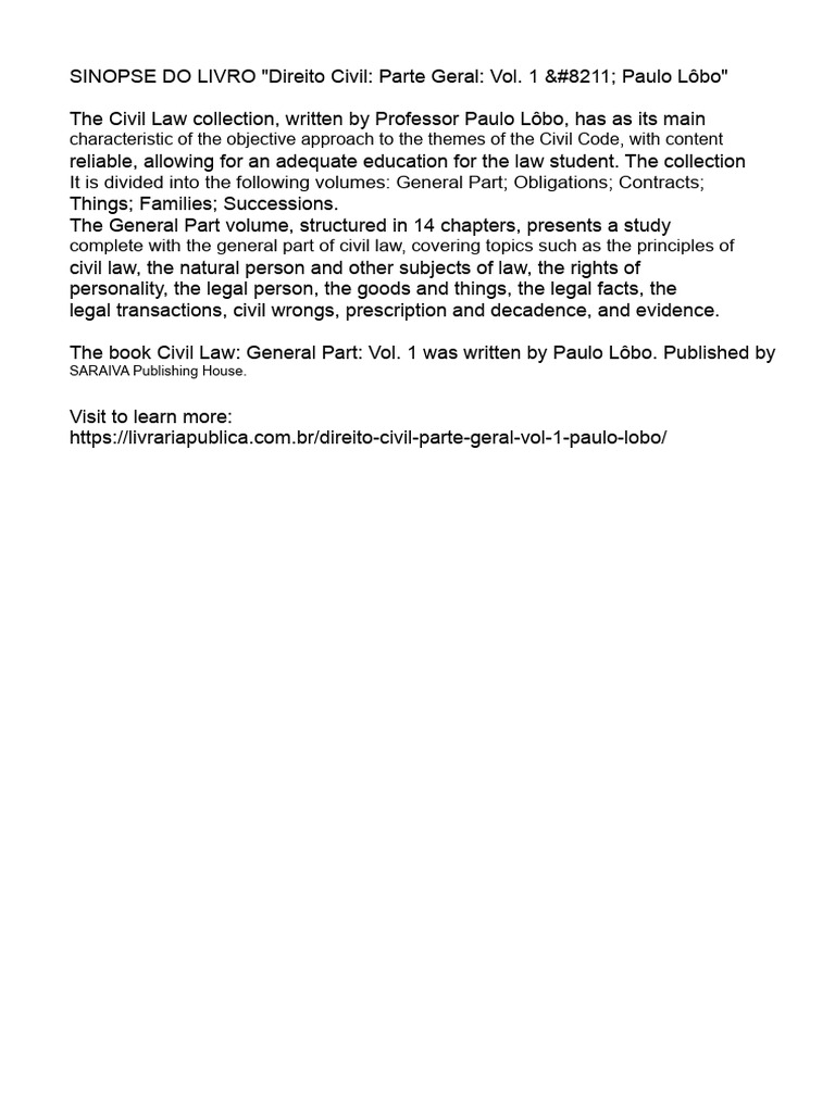 Civil Law_ General Part_ Vol. 1 - Paulo Lôbo | PDF