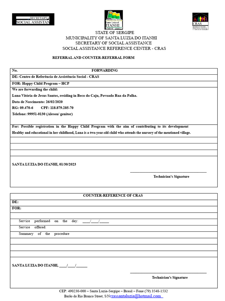 CRAS Referral Form for Happy Child Program | PDF