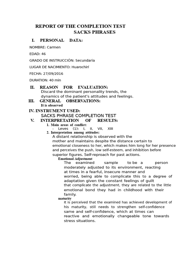 Report on the Sacks Sentence Completion Test | PDF | Self Esteem ...