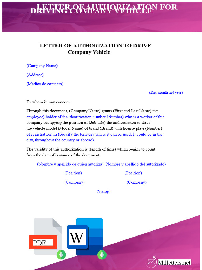 Company Vehicle Driving Authorization Letter | PDF