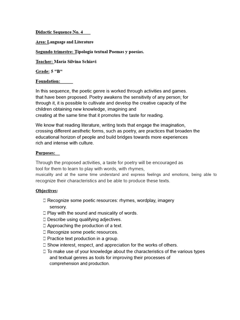 Teaching Sequence Poetry 5th Grade | PDF | Poetry | Reading Comprehension