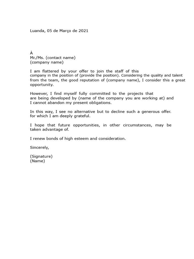 Job Offer Rejection Letter (Template) | PDF