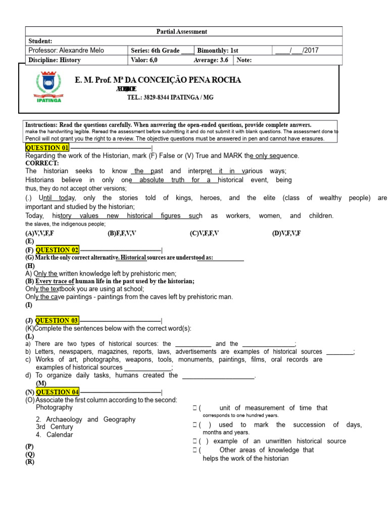 6th Grade A B C - Partial Exam History 1st Semester | PDF