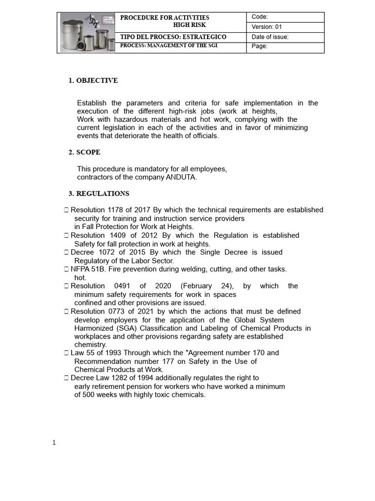 High Risk Activities Procedure - Anduta | PDF | Personal Protective ...