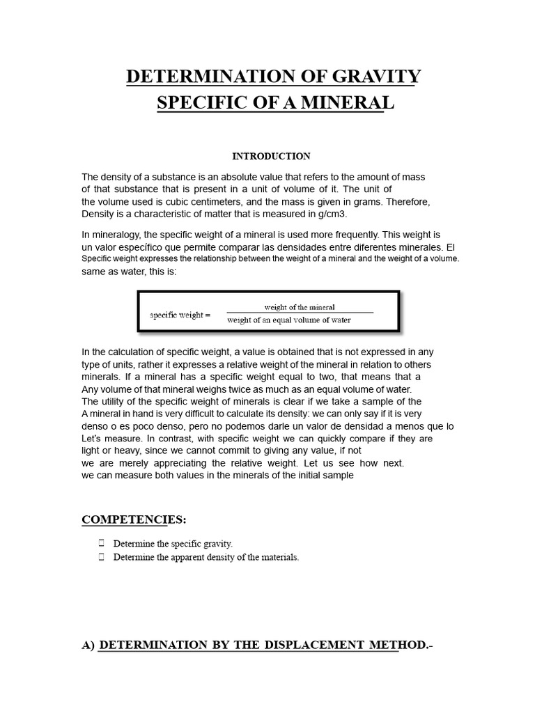 Measuring Mineral Specific Gravity | PDF | Density | Weight