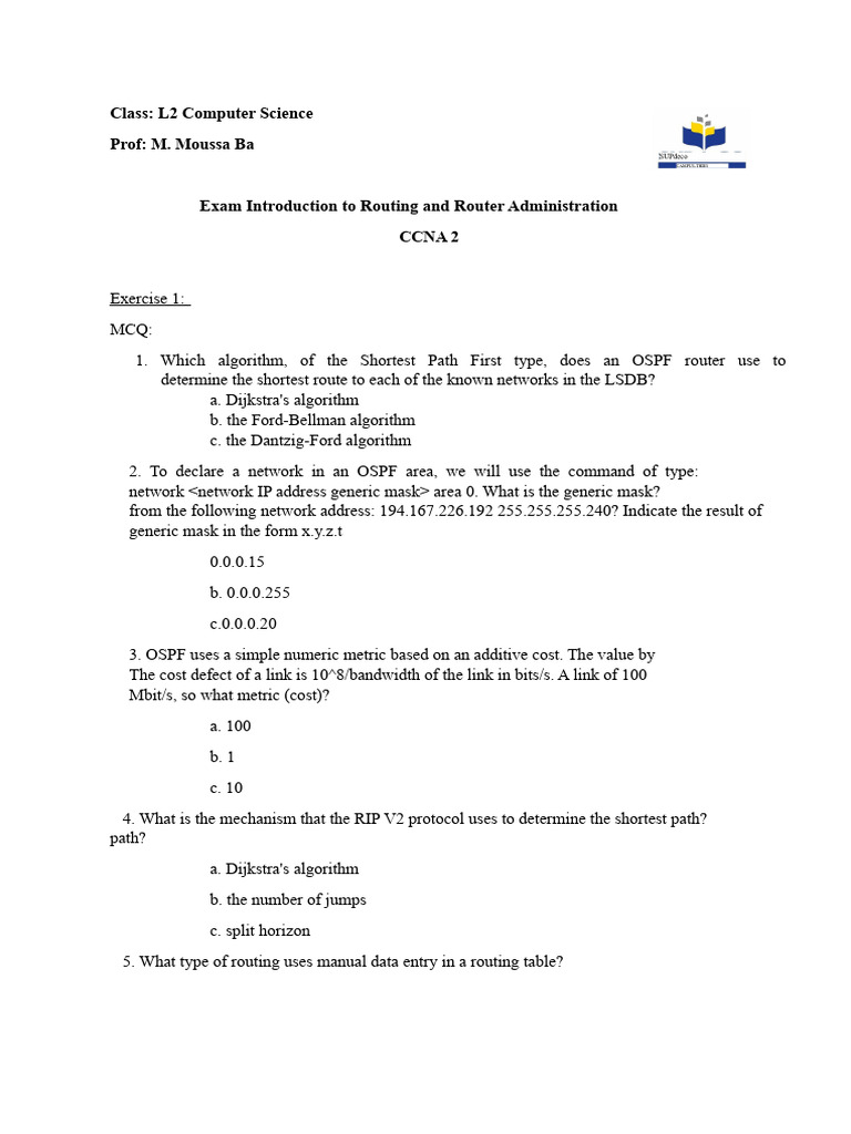 Routing and Router Administration Introduction Exam (1) | PDF | Routing | Router (Computing)
