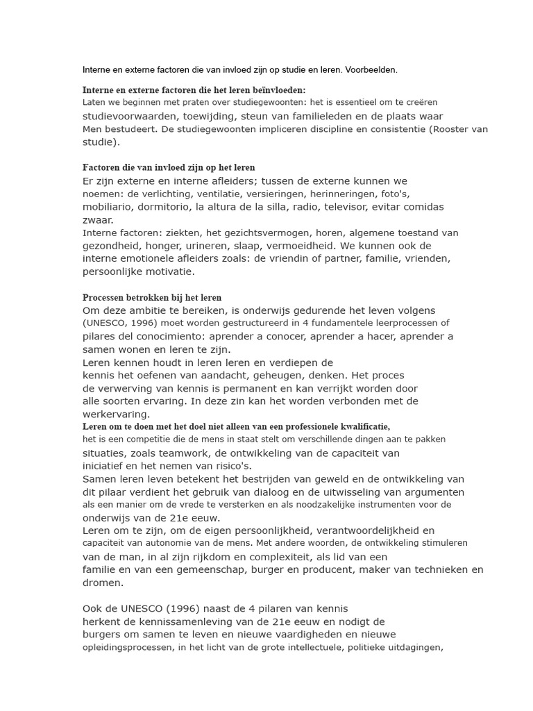 Interne en Externe Factoren Die Van Invloed Zijn Op Studie en Leren | PDF