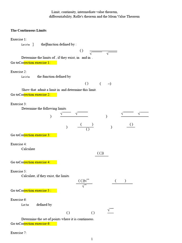 Corrected Exercises (Limits, Continuity, Differentiability) | PDF | Function (Mathematics ...