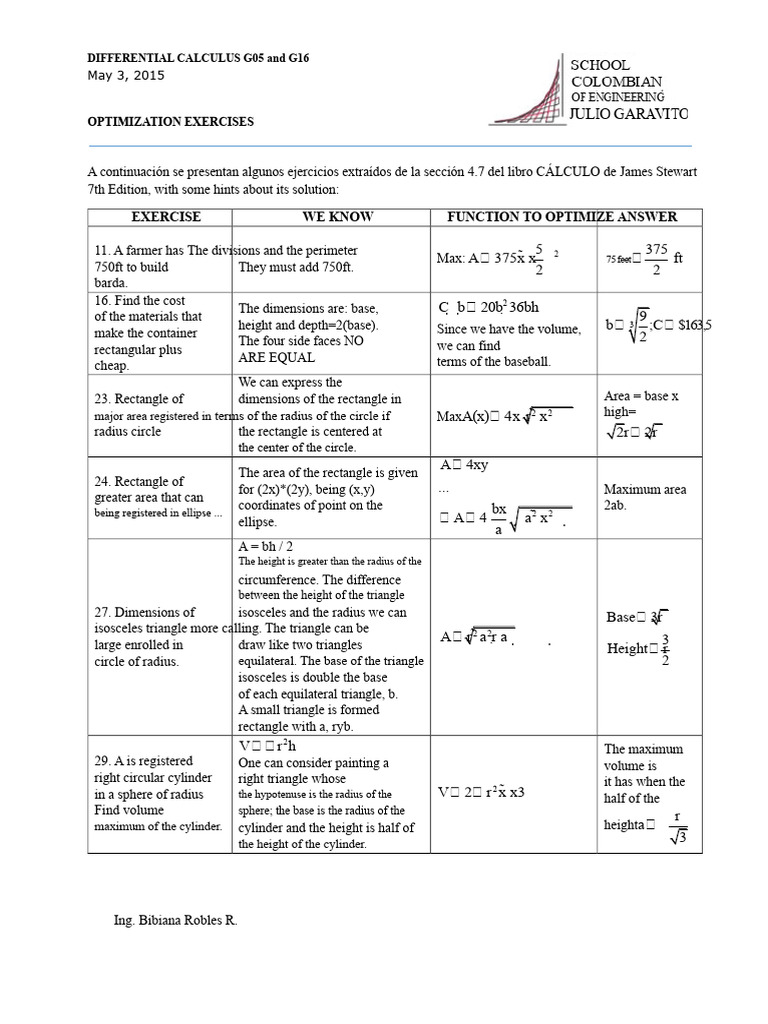 Stewart's Optimization Exercises 7th Edition v2 | PDF | Area | Triangle