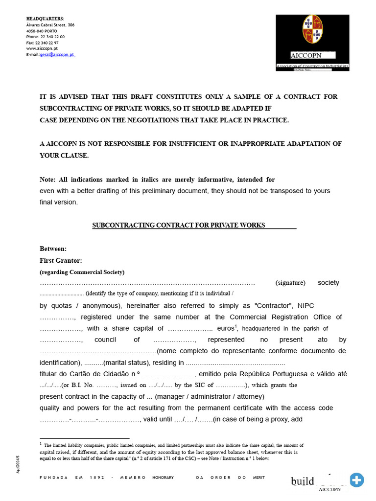 Subcontracting Contract Template | PDF | Subcontractor | Balance Sheet