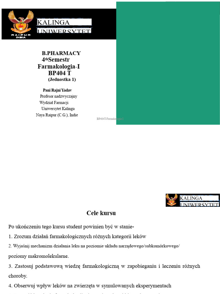 BP404T, Farmakologia I, Prezentacja jednostki 1 | PDF