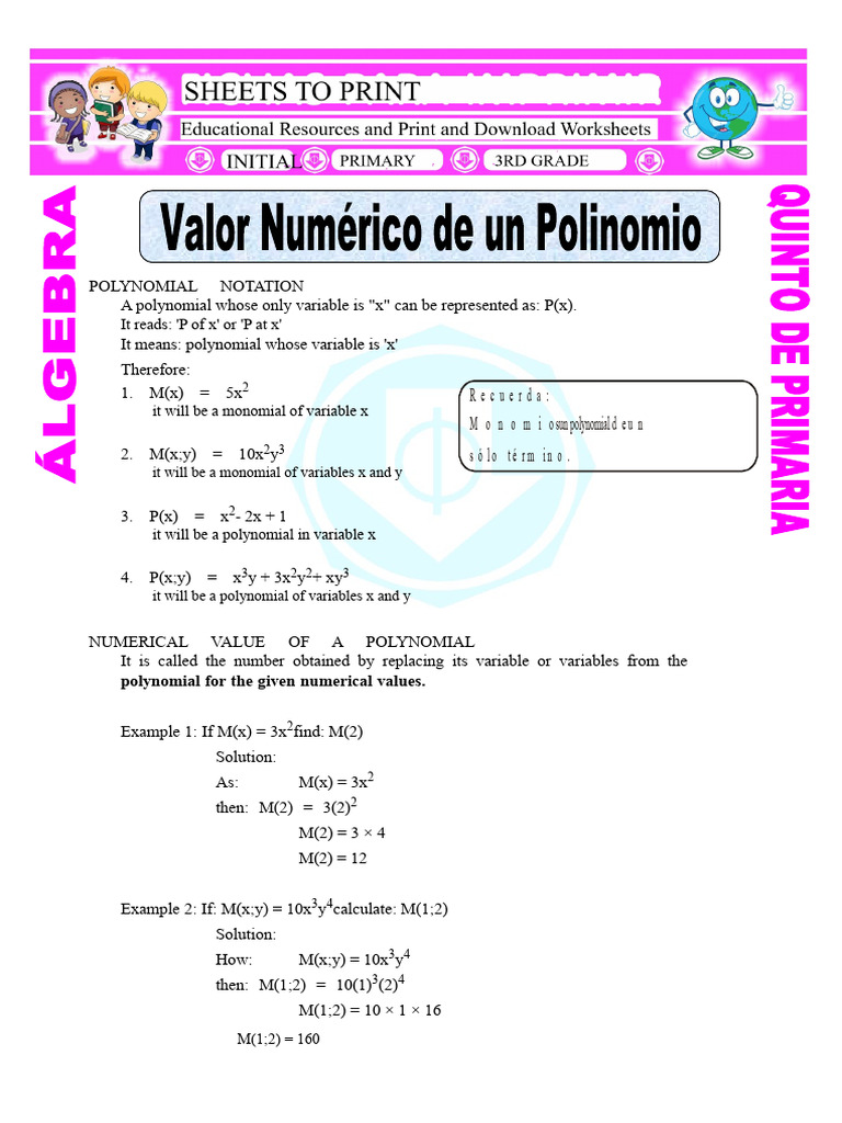 Numeric Value of a Polynomial for Fifth Grade | PDF | Polynomial ...