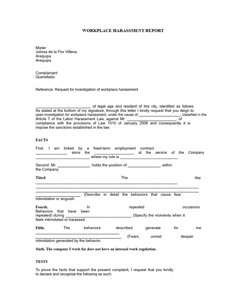 Workplace Harassment Investigation Request | PDF | Harassment | Employment