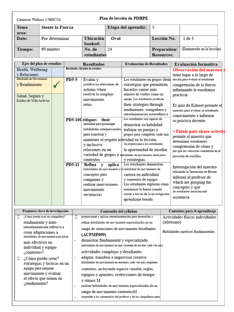 Plan de Lección de Pdhpe 1c Final | PDF | Enseñando | Aprendizaje