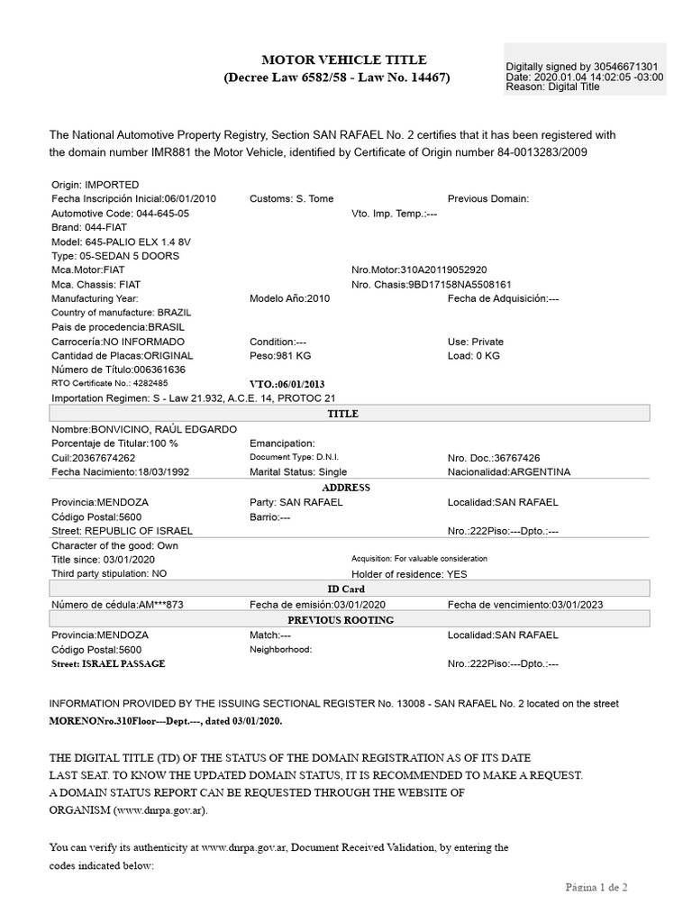 Motor Vehicle Title Registration Details | PDF | Vehicles