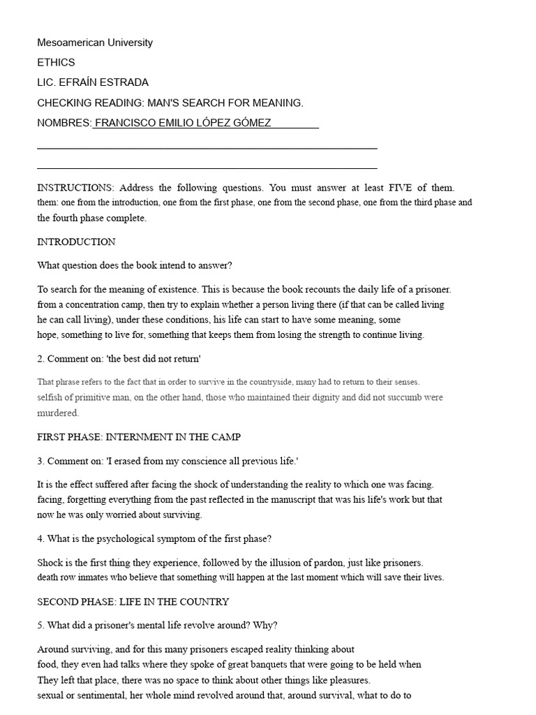 FINAL QUESTIONNAIRE THE MAN IN SEARCH OF MEANING | PDF | Psychology ...