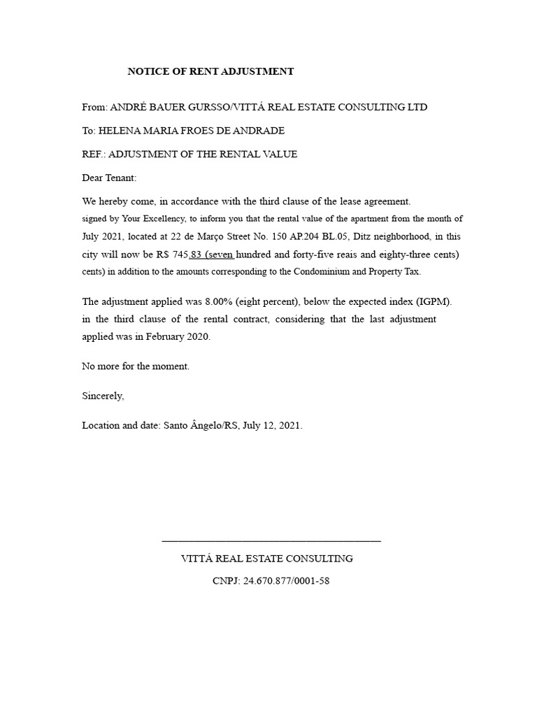 Rent Adjustment Notice for Tenant | PDF