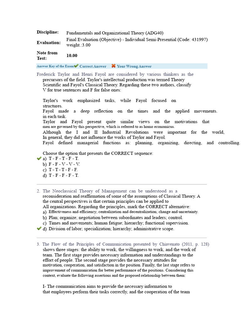 Answer key for the final objective assessment of Fundamentals and ...