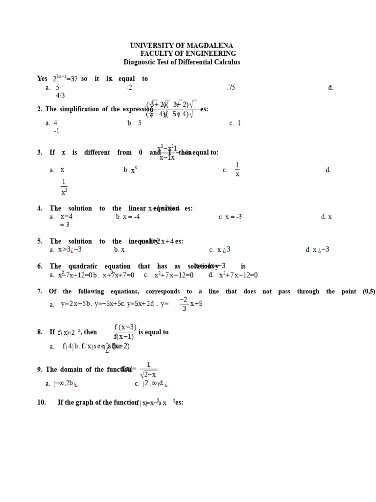 DIAGNOSTIC TEST PRECALCULUS.docx | PDF | Equations | Function (Mathematics)