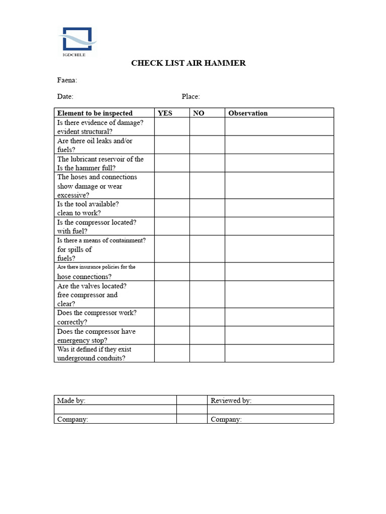 Air Hammer Inspection Checklist | PDF