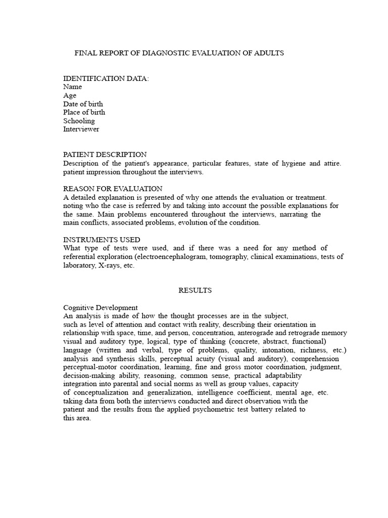 Diagnostic Evaluation Report for Adults | PDF | Medical Diagnosis | Reason