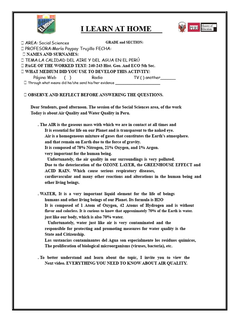 Card No. 8 Air and Water Quality in Peru. 5TH Year | PDF | Atmosphere ...