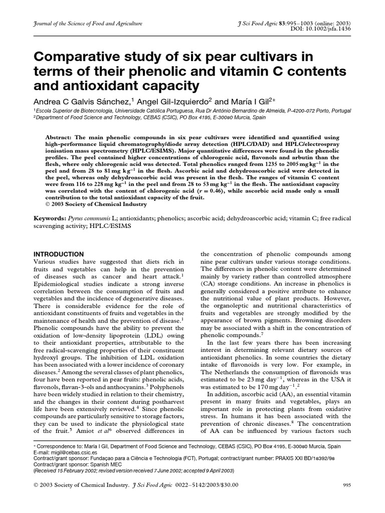 Comparative Study of Six Pear Cultivars in | PDF | Polyphenol | Vitamin C