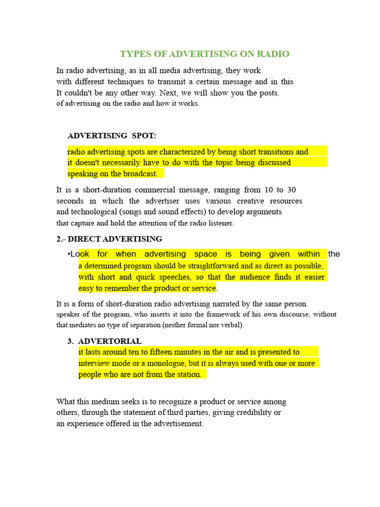TYPES OF ADVERTISING ON RADIO | PDF | Advertising | Brand
