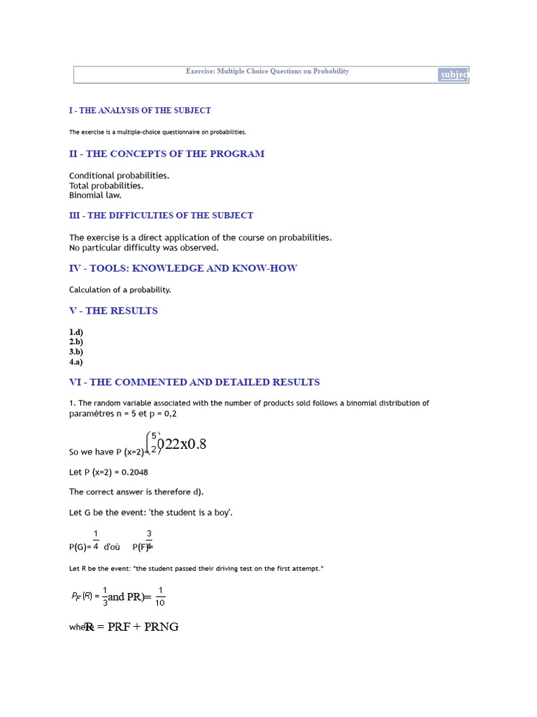 Correction High School Math Exam S Multiple Choice Probability | PDF