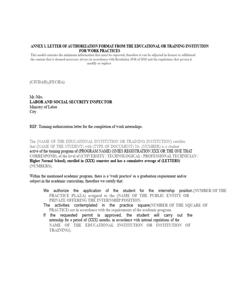 Authorization Letter Format From The Educational or Training ...